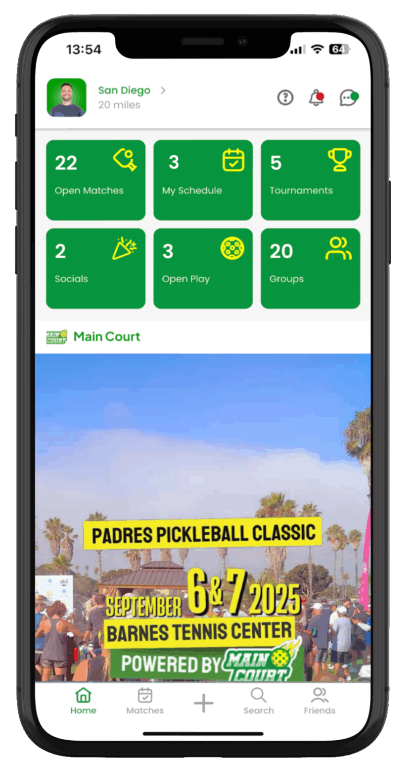 Find Your Next Pickleball Match - Main Court | Best Pickleball App